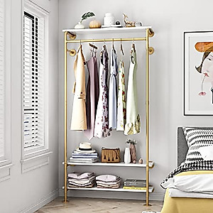 Smlttel Gold Wall Clothing Racks with White Shelves, Wall Mounted Gold Clothes Rack for Hanging Rods，Heavy Duty Pipe Clothing Racks With Three Shelves Retail Display Garment Rack for Home