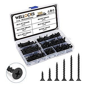 WELLOCKS Drywall Screws 230 Pcs #6×5/8" to 2-1/2" Wood Screws Assortment Kit Self Tapping Black Coating Bugle Head Coarse Phillips Sharp Point Fast Drilling for Wood Drywall Sheetrock (D158)