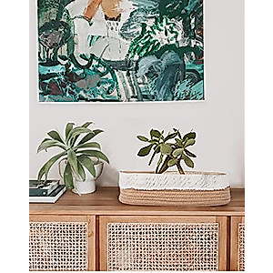 Toilet Tank Topper Paper Basket, Storage for Toilet Tank, Bathroom Baskets Tray, Toilet Baskets for Boho Bathroom Decor, Small Woven Baskets for Organizing, 13.5"x5.9"x4" (Brown-Fringe)