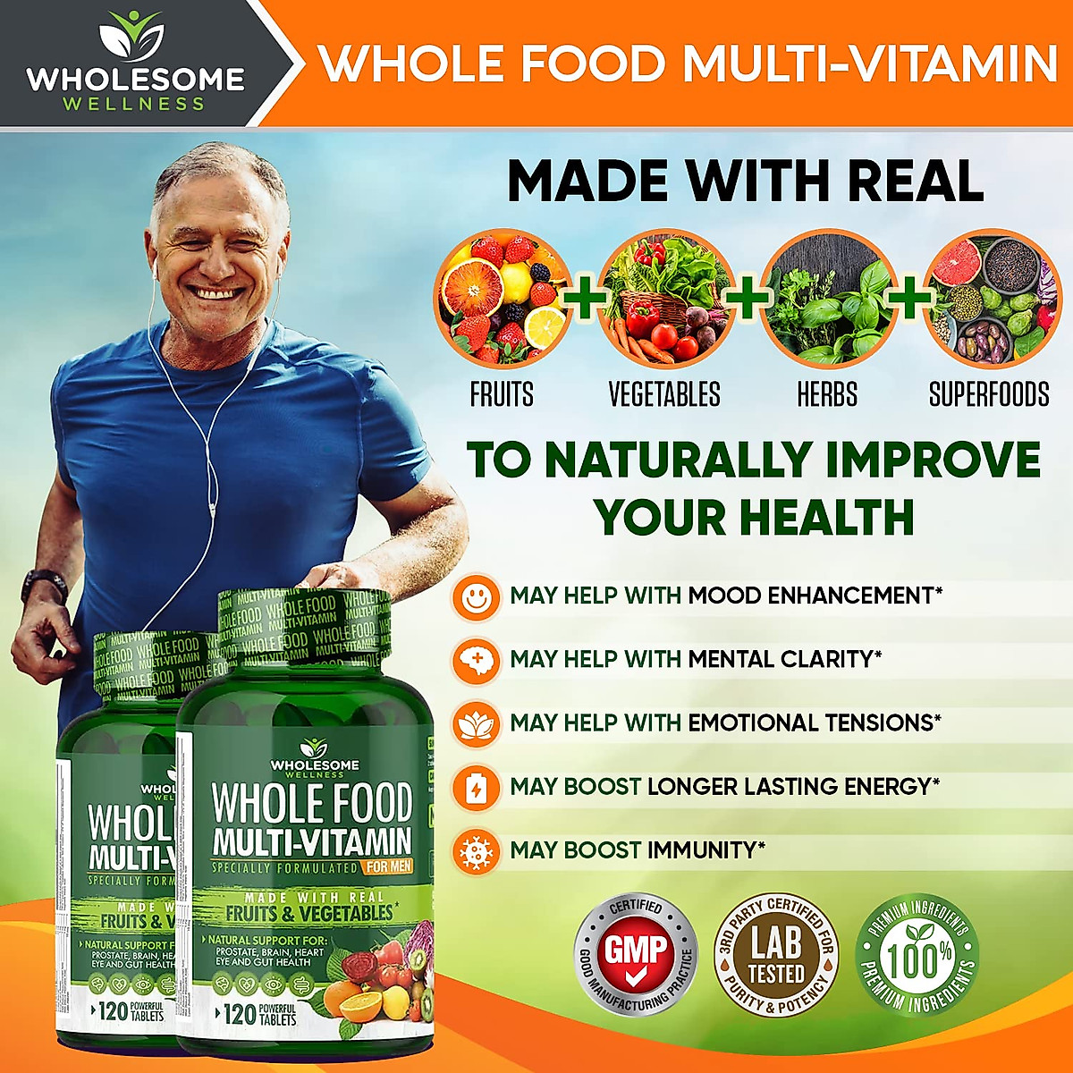 Whole Food Multivitamin for Men - Natural Multi Vitamins, Minerals, Organic Extracts - Vegan Vegetarian - 120 Tablets