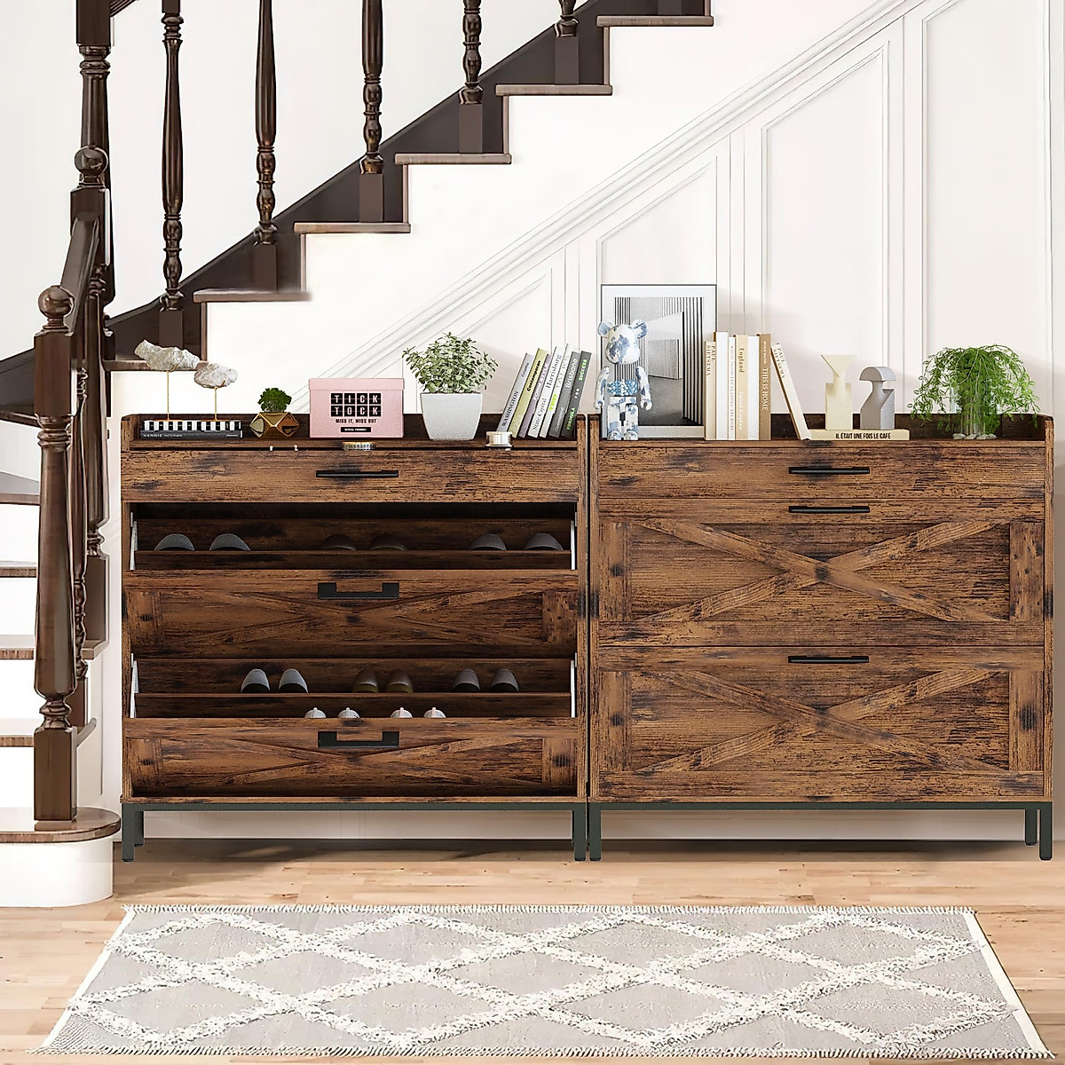 Hooseng Shoe Cabinet, Wooden Shoes Rack Shoe Storage Cabinet with 2 Flip Drawers & 1 Small Drawer Small Shoe Rack Organizer Freestanding Tipping Bucket Shoe Rack for Entryway, Hallway, Rustic Brown