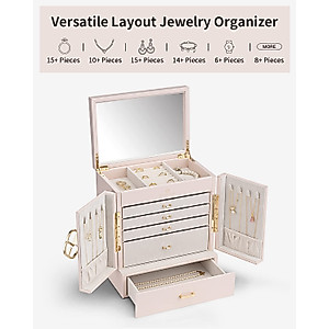 Vlando Large Jewelry Organizer Box for Women,Faux Leather Jewelry Storage with 5 Drawn,Watch Necklace Rings Earrings Case for Mothers Day Gift for Mom Wife Women（Apricot White）
