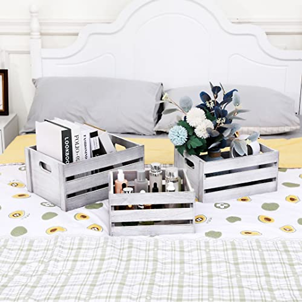 LKMANY Decorative Wood Crates Nesting Crates Storage Container,Nature Rustic White Set of 3