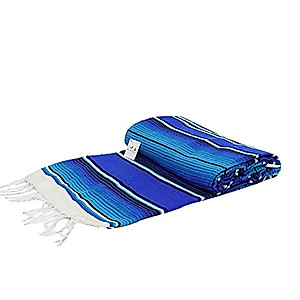 Authentic Mexican Serape Blanket - Multi-color Lightweight Handmade Mexican Saltillo Blanket / Classic Mexican Style Falsa, Stripe Pattern, Throw, Beach Blanket, Tapestry, or Yoga Blanket. Blue
