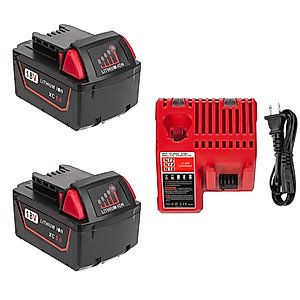Volt1799 2PACKS 5.0Ah 18V Lithium Battery and Charger for Milwaukee M18 Battery 48-11-1820 Cordless Power Tools Batteries, Capacity Output 5.0Ah