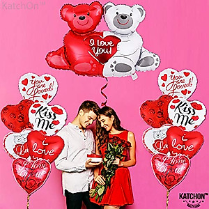 KatchOn, Large Teddy Bear Balloons Set - 40 Inch, Pack of 12 | Anniversary Balloons, I Love You Balloons for Special Night, Anniversary Decorations | Happy Anniversary Balloons, Red Heart Balloons