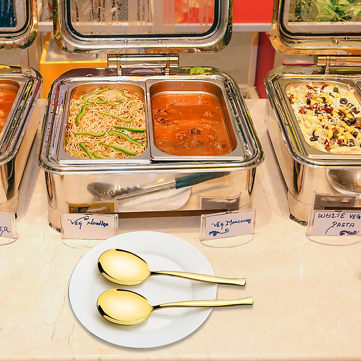 Cinkyou Large Serving Spoons set of 6 Pieces, Stainless Steel Large Buffet Serving Utensils, Gold