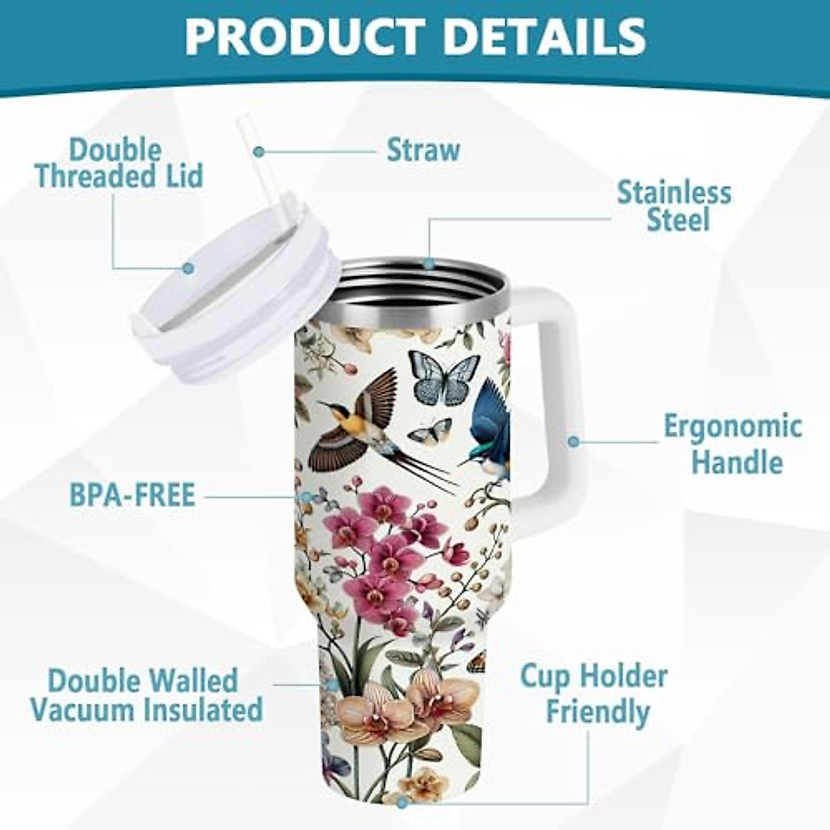 Maunzc 30 oz Tumbler with Handle and Straw, Insulated Stainless Steel Travel Mug with Lid for Coffee, Iced Tea, Water, Gift for Men Women (Botanical Textile Pattern)
