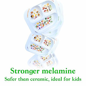 j&m Divided Portion Plate (4 Pack), Sections for Kids & Fussy Eaters, Learn Nutrition, Healthy Eating, Food Groups & Portion Sizes, Child-Friendly Melamine, Dishwasher-Safe