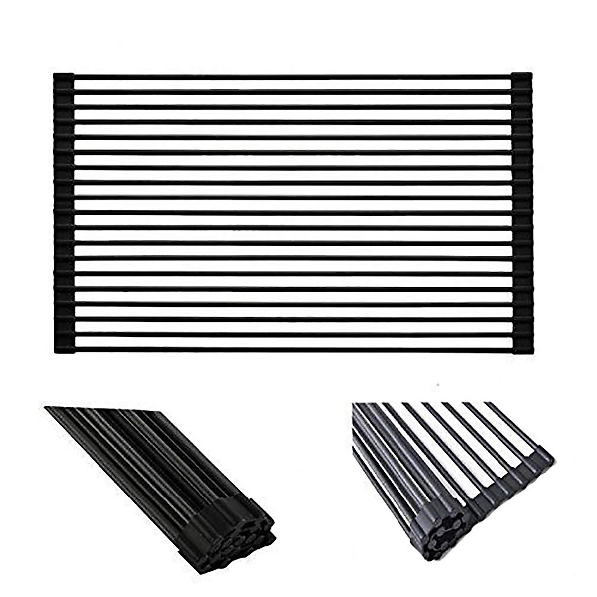 Ahyuan Large Roll up Dish Drying Rack Foldable Dish Rack Over Sink Dish Drainer Roll-up Sink Drying Rack Full Silicone Coated Stainless Still Dish Drying Rack (Matte Black)