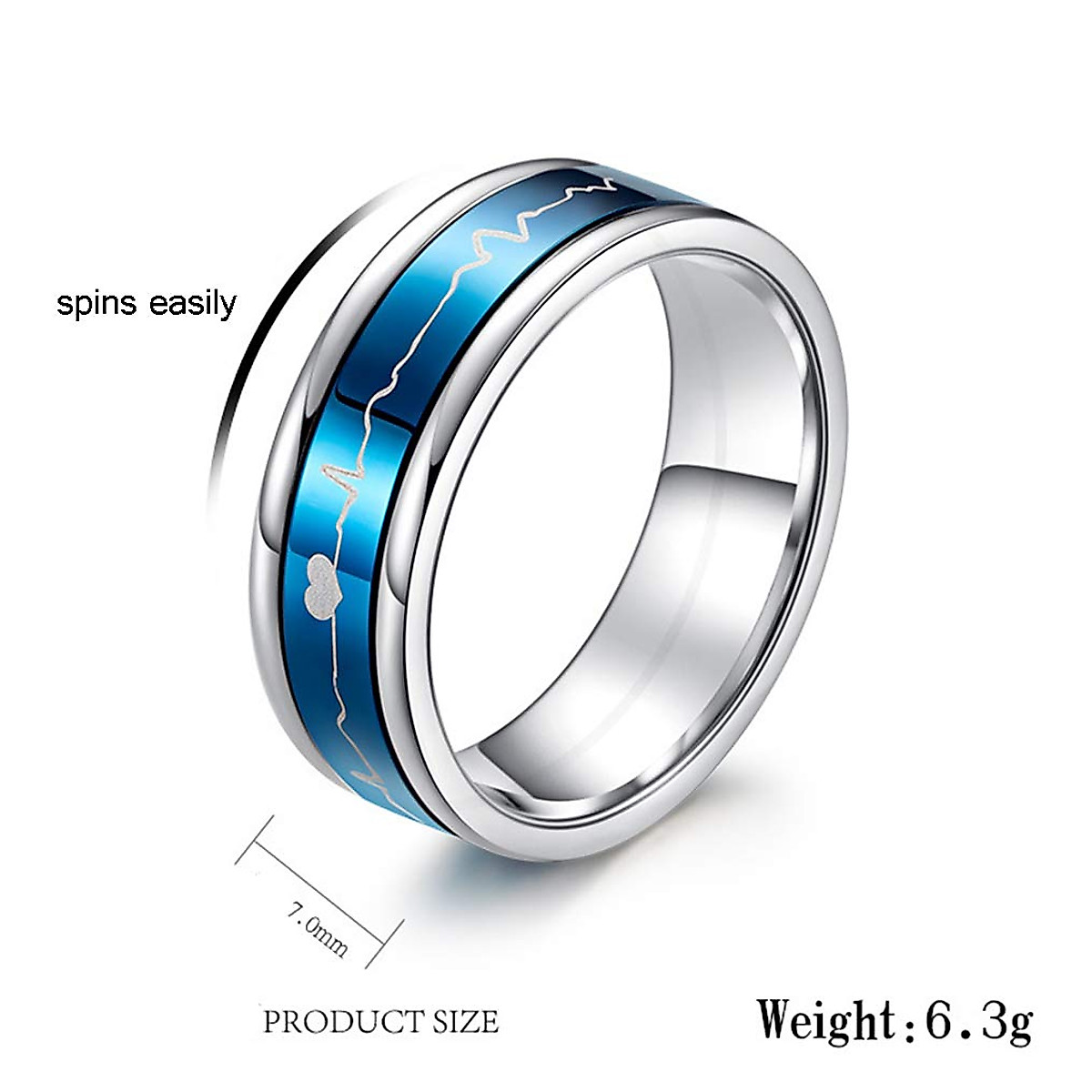 HIJONES Unisex 7MM Love ECG Heartbeat Spinner Ring Stainless Steel Wedding Promise Band Blue Size 8