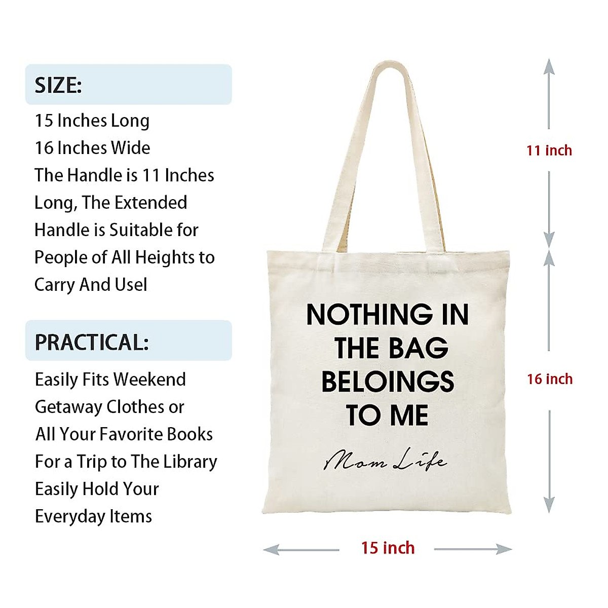 ZHANTUONE Canvas Tote Bag，Nothing In The Bag Beloings To Me，Funny Mom Canvas Tote Bag，New Baby Gift，Mom Birthday Gifts，Baby Shower Gifts，Mothers Day Gifts ，For New Mom Maternity Gift，Pregnancy Gift