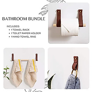 Bathroom Fixture Kit includes leather & wood Toilet Paper Roll Holder, Bath Towel Rail, leather & brass hanging Hand Towel Ring hook with gold hardware, straps are wall mounted, accessories rack