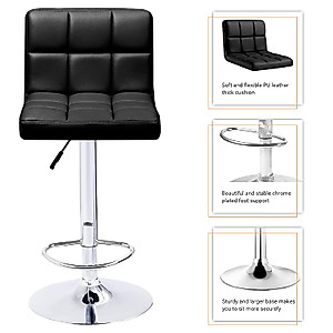 KaiMeng Bar Stools Modern Square Counter Height Barstool 22" to 33" PU Leather Swivel Adjustable Stool with Back Set of 2 for Kitchen Dining (Black)