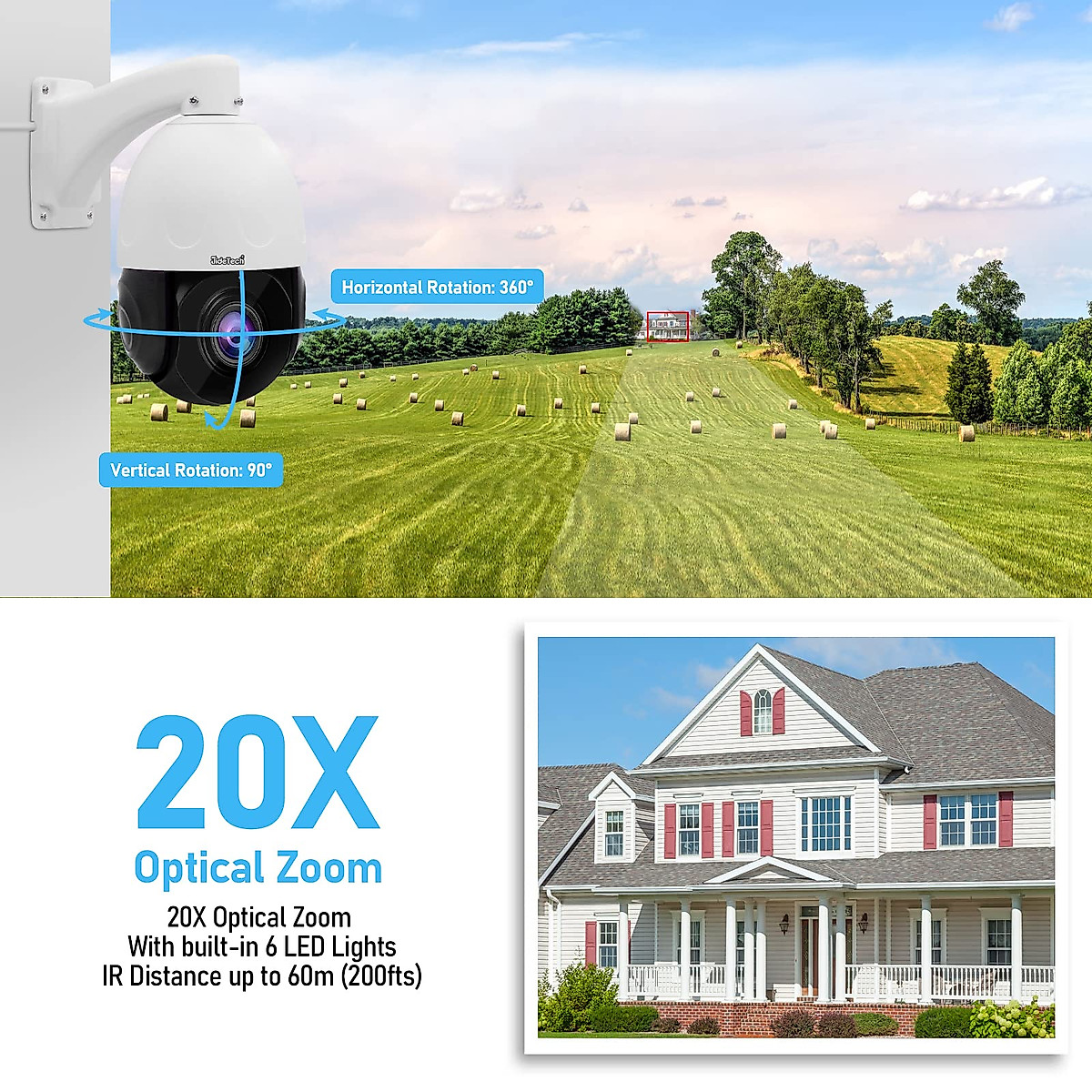 4K 8MP Outdoor POE PTZ Camera, Auto-Tracking Security IP Camera with 20X Optical Zoom, IR Night Vision Person/Vehicle/Pet Detection, Built-in 2-Way Audio Support Up to 128GB SD Card (Not Included)