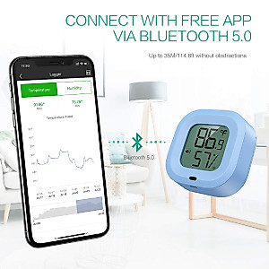ORIA Wireless Thermometer Hygrometer, Mini Wireless Indoor Temperature Humidity Sensor, Temp Humidity Gauge Meter with APP Alert Free Data Export for Home, Blue