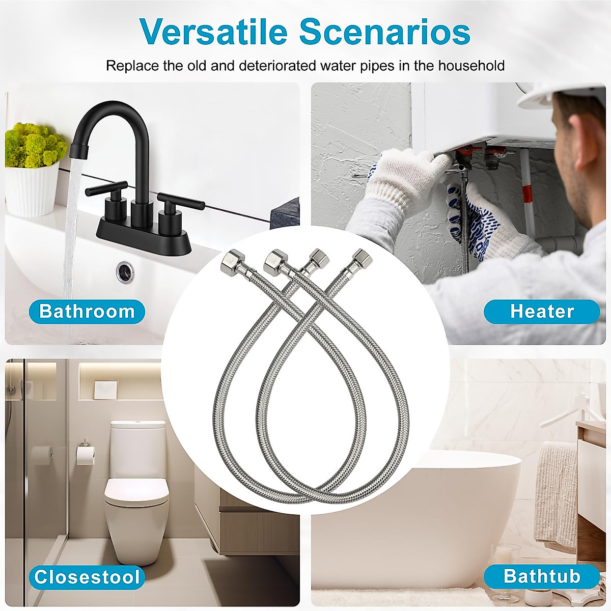 Midanya Faucet Supply Lines,32" Stainless Steel Braided Water Supply Line, 1/2" FIP x 3/8" COMP Faucet Hose, Faucet Hose Connector x 2 Pcs (1 Pair)