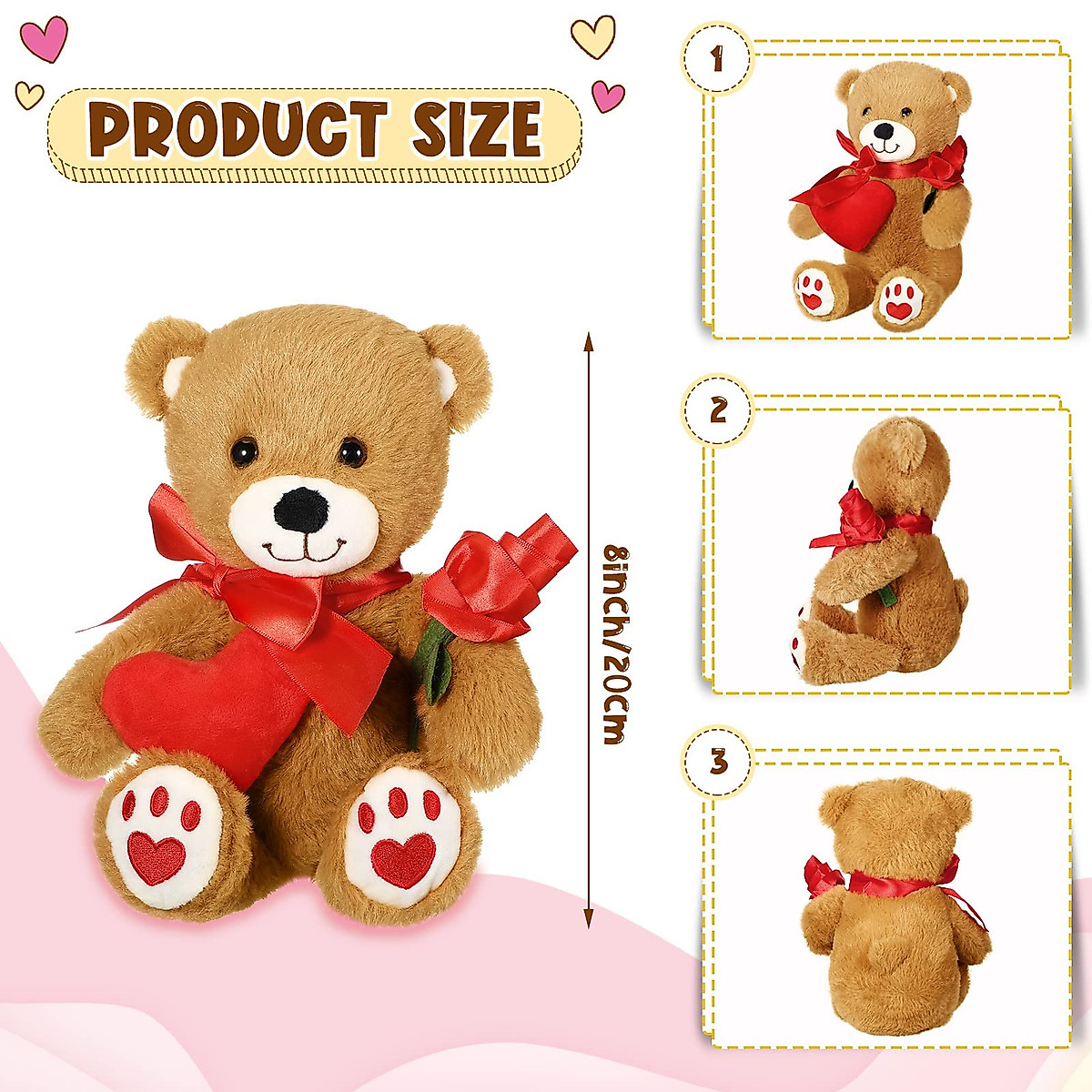 Cute Plush Bear with Rose and Red Heart Soft Plush Bear Stuffed Animal with Gift Bag for Mother's Day Present Lovely Bear for Kids Girlfriend Sofa Car Bedroom Decor, 8 Inches