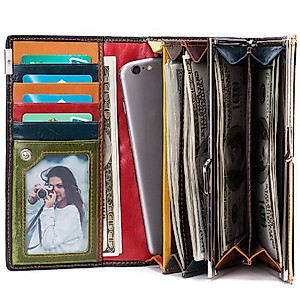 MASIWEI Genuine Leather Folded Wallet for Women Credit Card Holder RFID Blocking Cell Phone Pouch Patchwork Style (Rhombus-1)