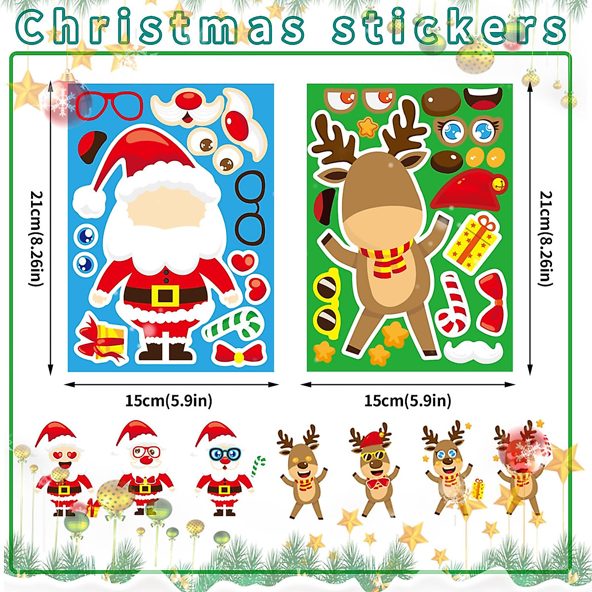 JASHIAGE Christmas Stickers for Kids - 24 Sheets DIY Santa Snowman Reindeer Holiday Decals, Party Game Stickers, Perfect for Crafting, Gift Decorating, School Activities