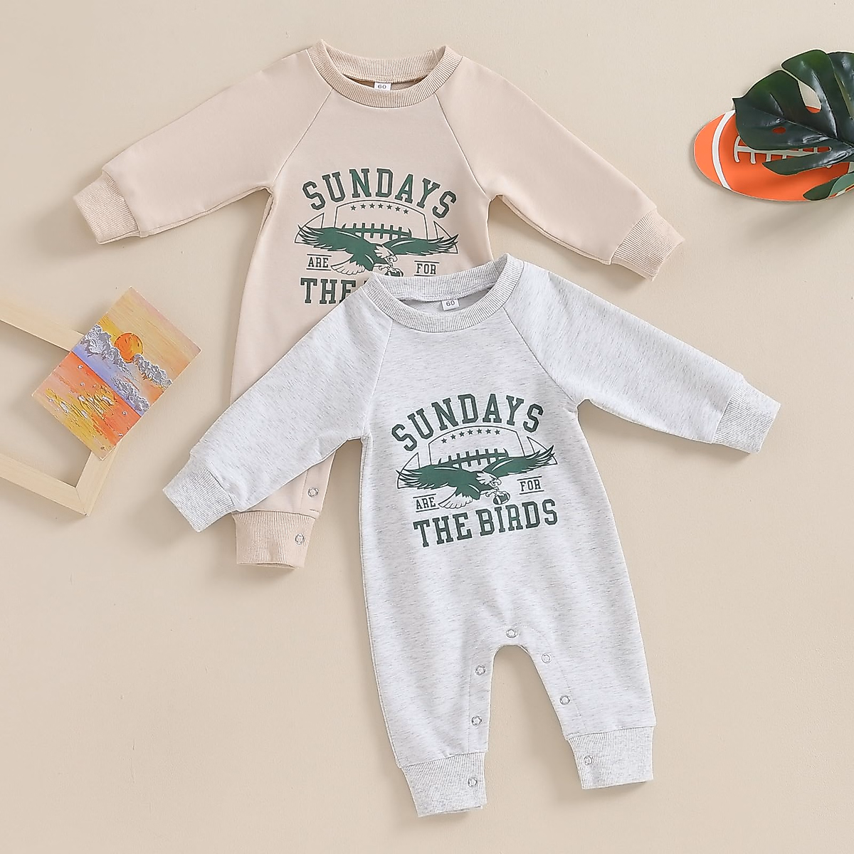 Baby Boys Girls Sundays are for The Birds Eagles Jumpsuit Crew Neck Long Sleeve Romper Fall Newborn Football Outfits (Khaki, 6-12 Months)