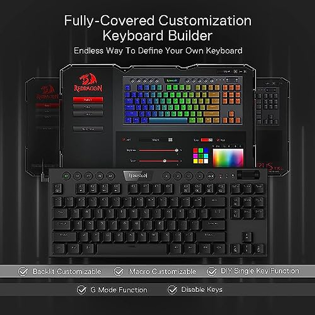Redragon K622 Horus TKL RGB Mechanical Keyboard, Ultra-Thin Designed Wired Gaming Keyboard w/Low Profile Keycaps, Dedicated Media Control & Clicky Blue Switch, Pro Software Supported