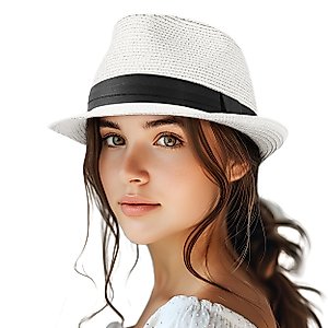 Straw Fedora Hat Short Brim Packable Roll Up Trilby Hat Classic Adjustable Panama Summer Beach Sun Hat UPF 50+ (One Size, White)