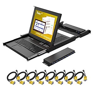 17" LCD KVM Console 8 Port VGA, Yinker Rackmount KVM Switch Fit 1U 19" Rack, Keyboard Monitor Touchpad Drawer Integrated + Cables