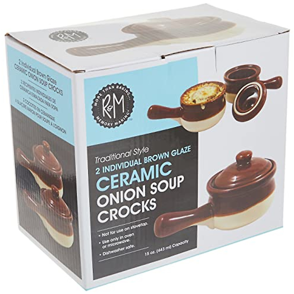 R&M International Traditional Style Ceramic 15-Ounce French Onion Soup Crocks, Polished, Set of 2