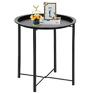 VECELO Side/End Table, Folding Round Metal Anti-Rust and Waterproof Outdoor or Indoor Tray for Living Room Bedroom Balcony and Office, 1 PCS, Black