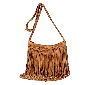Goclothod Women Hippie Fringe Tassel Suede Hobo Shoulder Bag Vintage Messenger Crossbody Handbag Camel