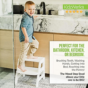 KidzWerks Kids Step Stool for Toddlers Bathroom Kitchen Potty Wooden Children’s Stepping Standing 2-Step Ladder, White
