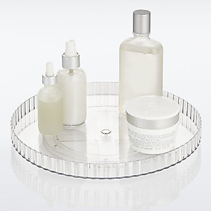 mDesign Plastic Stackable Bin with Handles and 11.5" Round Fluted Lazy Susan Turntable Plastic Spinner Combo Set for Organization in Bathroom, Closet, Cabinet, or Vanity Countertop - Set of 2 - Clear