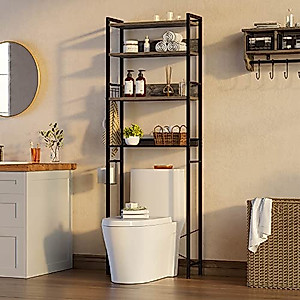 Rolanstar Over The Toilet Storage, 4-Tier Wooden Bathroom Space Saver with Hooks, Freestanding Bathroom Organizer, Multifunctional Over The Toilet Storage Rack, Bathroom Toilet Rack, Gray