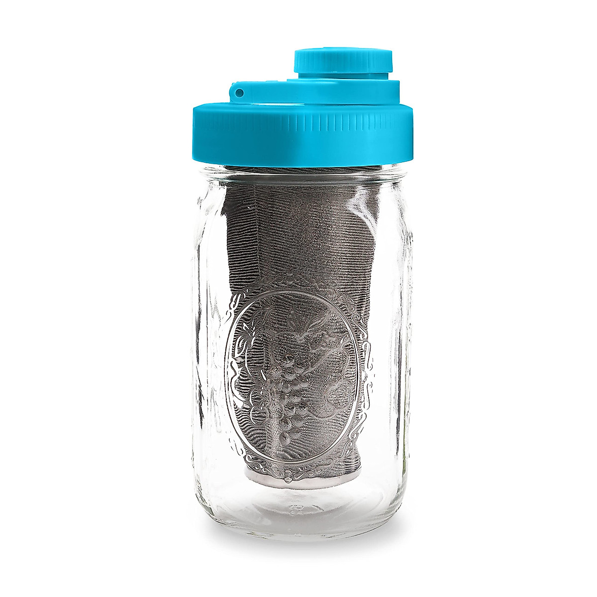 Brewing America Mason Jar Cold Brew Coffee Maker Infuser: Made in USA Wide Mouth Mason Jar with Screw Top Pour Lid, Stainless Steel Filter for Delicious Coffee, Tea, Alcohol - 1 Quart 32 oz Teal Lid