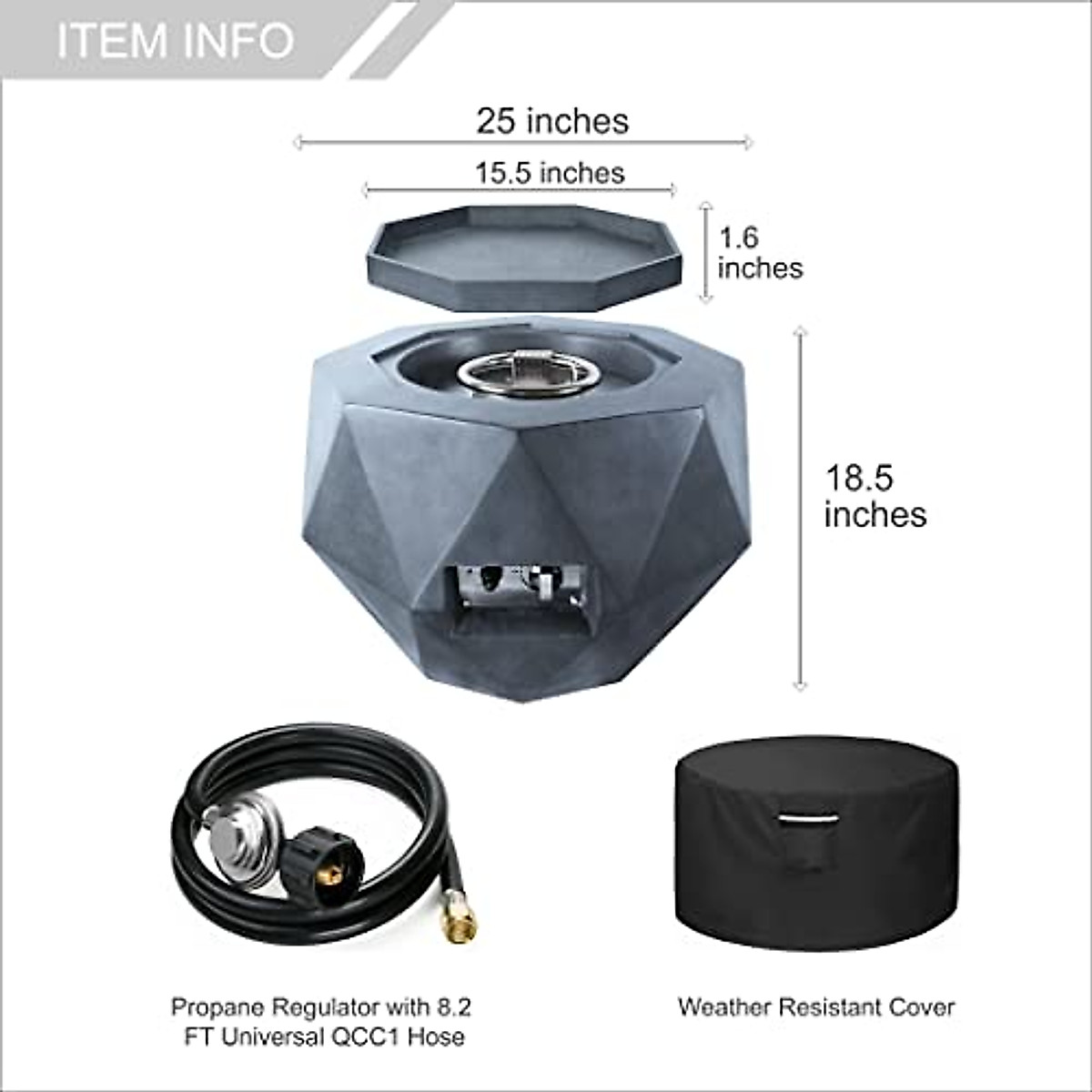 Kante Concrete Propane Fire Pit Table, 50,000 BTU Geometric Table with Tray Style Lid for Outside Patio Garden Decor, 25'' D X 18.5'' H Smokeless Gas Pit, Come Dust Covers, Charcoal (A-GF002-C60121)