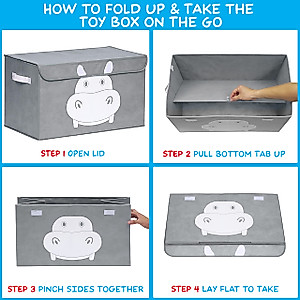 QUOKKA Hippo Toy Storage Box for Boys and Girls - 16x12x10 Toy Chest Organizer for Kids - | Collapsible | Handles | Flip-Top Lids | - Fabric Foldable Bin for Playroom - Nursery Room Organization