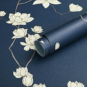 GloryTik 17.3" x 118" Floral Wallpaper Dark Blue Peel and Stick Wallpaper Beige Flower Contact Paper Vintage Self Adhesive Wallpaper Removable Mural Wallpaper for Home Wall Decoration Vinyl Roll