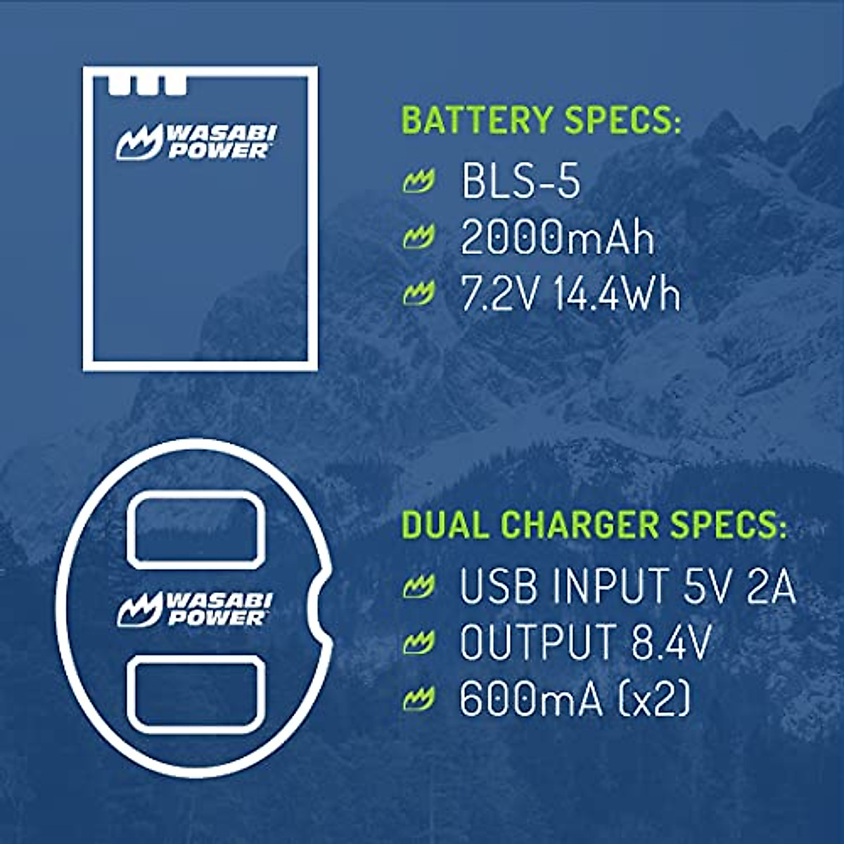 Wasabi Power Battery (2-Pack), Dual Charger for Olympus BLS-5, BLS-50, PS-BLS5, BLS-1, PS-BLS1, E-420, E-450, E-600, E-620, Pen E-P1, E-P2, E-P3, E-PL1, E-PL3, E-PM1, OM-D E-M10 Mark II, III, IIIs, IV
