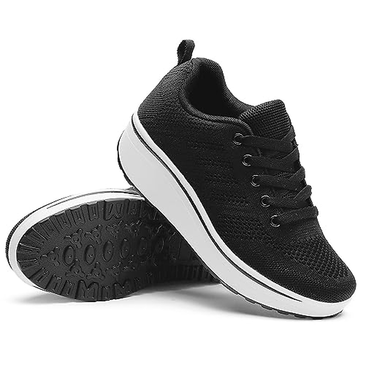 WUIWUIYU Womens Outdoor Casual Wedge Platform Mesh Lace-Up Sport Athletic Rocker Shoes Trainers Sneakers Black Size 5 M US