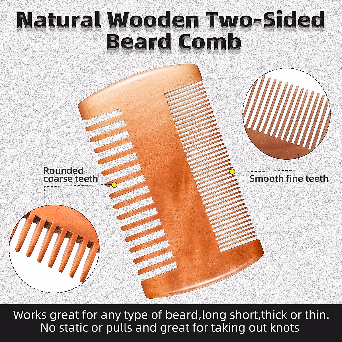 Natural Sandalwood Dual Action Beard and Moustache Combs with Faux Leather Cases (6 Pieces, Yellow, Black, Reddish Brown)