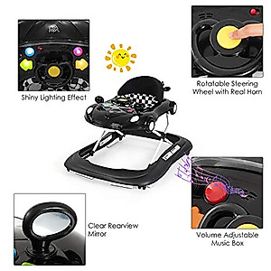 BABY JOY Baby Walker, Activity Walker with Adjustable Height & Lights, Music, Steering Wheel, Mirrors, Removable Tray to Food Tray, High Back Padded Seat, Compact Folding Design (Black)