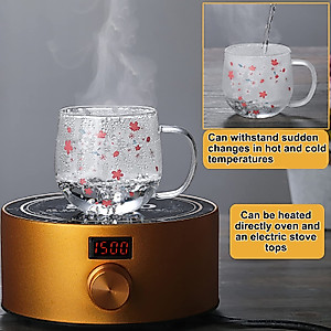 SZHTSWU Cherry Blossom Glass Cup and Coaster, Glass Teacup with Infuser and Lid, 300ml Clear Pink Flower Tea Infuser Mug Heat Resistance Borosilicate Glass Drinking Cup, Ideal for Tea Lovers