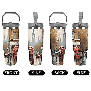 London Impression 30oz Stainless Steel Insulated Tumbler with Straw & Foldable Handle - Leakproof, Double-Wall Vacuum Travel Thermos for Hot/Cold Drinks, Non-Slip Base, Fit Cup Holders