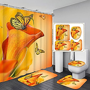 LyerArtork 4 Pieces Calla Lily and Butterfly Shower Curtain Set with Non-Slip Rug Toilet Lid Cover and Bath Mat Orange Valentines Day Bathroom Decor with Hooks Spring Flower Floral Bathtub Curtain