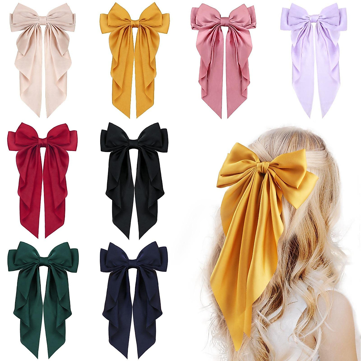 VOBOBE Hair Bow Clip, 8Pcs Big Satin Layered Hair Accessories for Women Girls, 8 Inch Barrette Hair Clip, Long Black Ribbon Bows, French Style, 8 Count