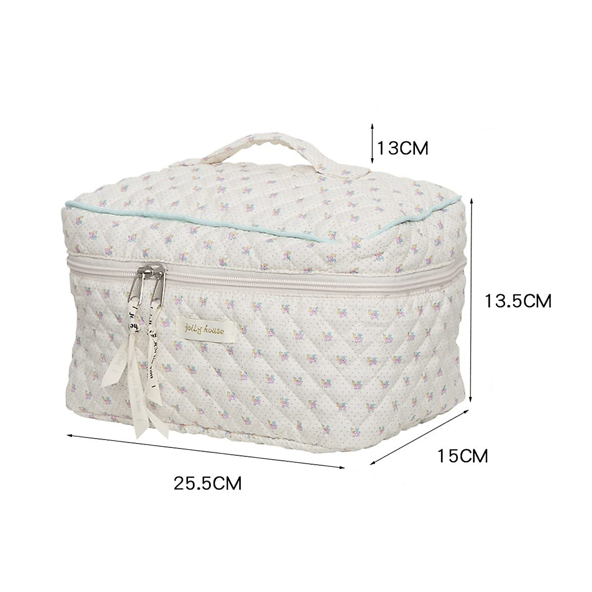 Dalulu Kawaii Floral Makeup Bag Coquette Aesthetic Cosmetic Bag Large Travel Make up Organizer Cute Pouch Cotton Quilted Toiletry Bag for Women Girls Kawaii Stuff (L-Beige Flowers)