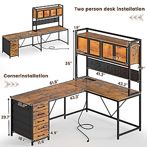 SEDETA L Shaped Gaming Desk with Drawers, L Shaped Computer Desk with Hutch and Storage Shelves, Gaming Desk with Pegboard, Led Lights, and Power Outlet, Home Office Desk, Corner Desk, Rustic Brown