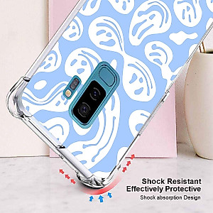 zaztify Phone Case for Samsung Galaxy S9 Plus, Pastel Light Blue White Funny Trippy Dripping Smile Melted Hippie Smiling Skull Ghost Face Cute Shockproof Protective Clear Cover Shell