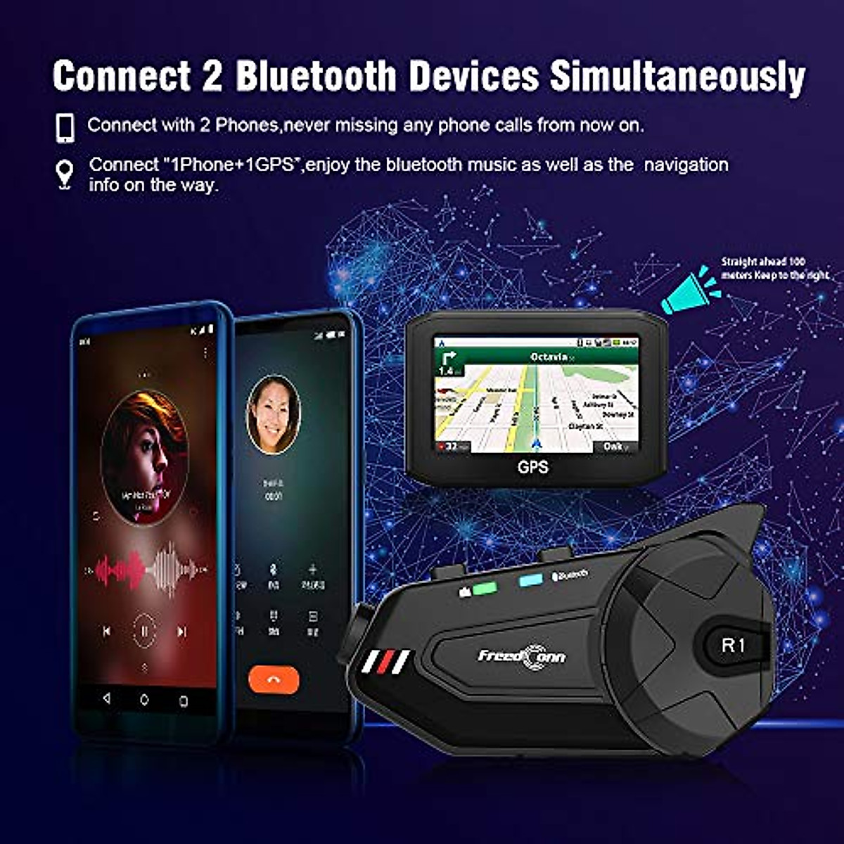 FreedConn Motorcycle Helmet Headset with Camera R1plus Bluetooth Intercom 1000M 6 Riders Waterproof Wireless FM Radio Communication Systems for Most Helmets